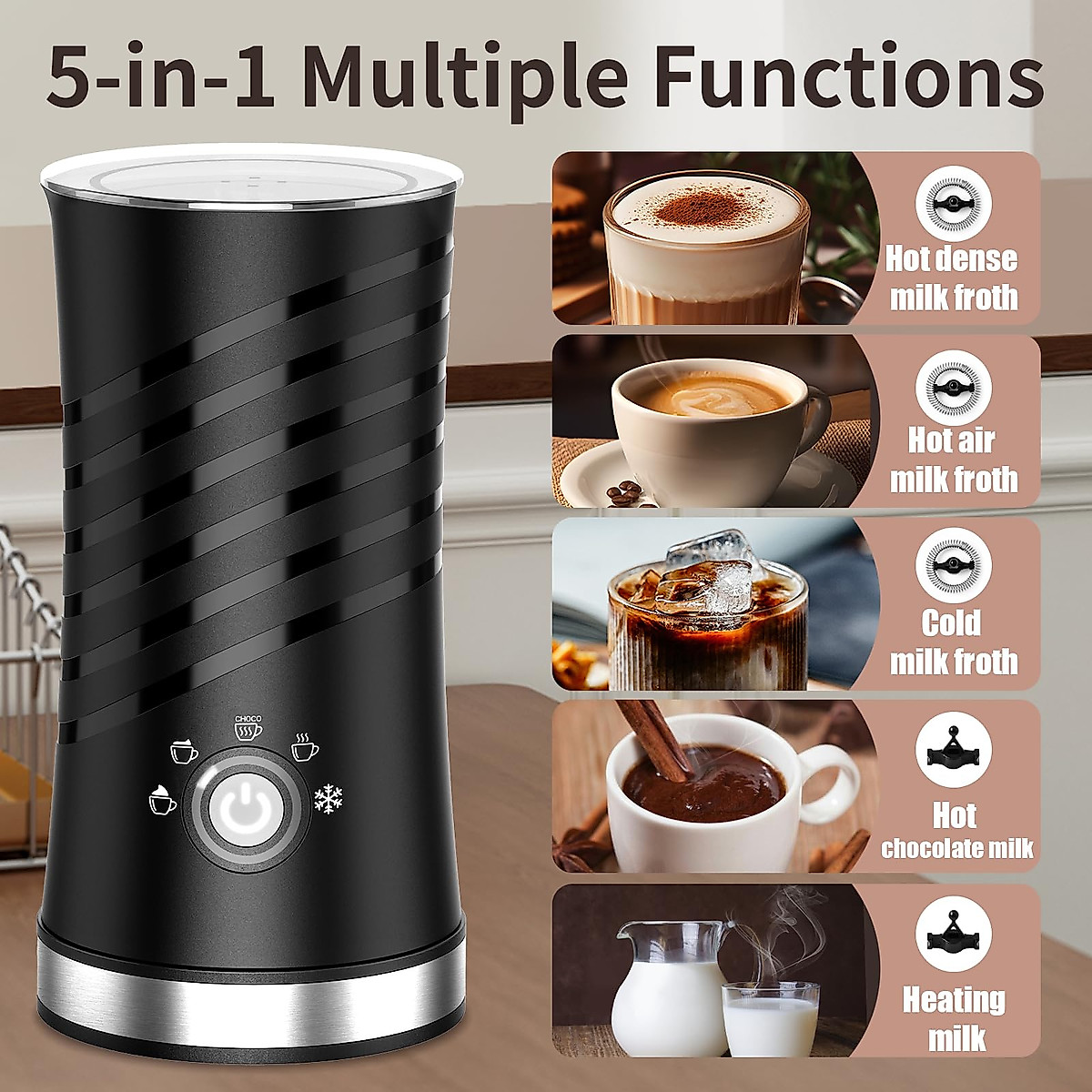 SEEDEEM Milk Frother, 5 in 1 Electric Milk Frother and steamer, Automatic Hot And Cold Foam Maker with 2 Whisks for Coffee, Latte, Cappuccino, Hot Chocolate, Black
