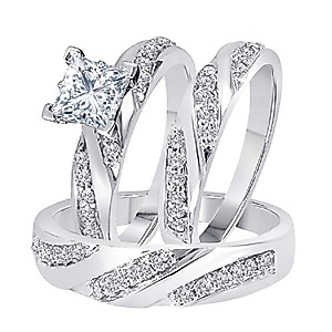 foreverjewelryhub 1.00 Carat Princess Cut Created Diamond 14K White Gold Over 925 Sterling Sliver Engagement Bridal Wedding Band Trio Ring Set for His & Her