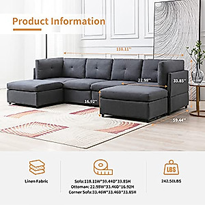 linor Modern U Shaped Convertible Sofa Couch, 118'' Modular Sectional Sofa with Tufted Back Cushion, 6 Seat Oversized Sectionals Sofa Couch with Ottomans for Living Room (Linen,Gray)