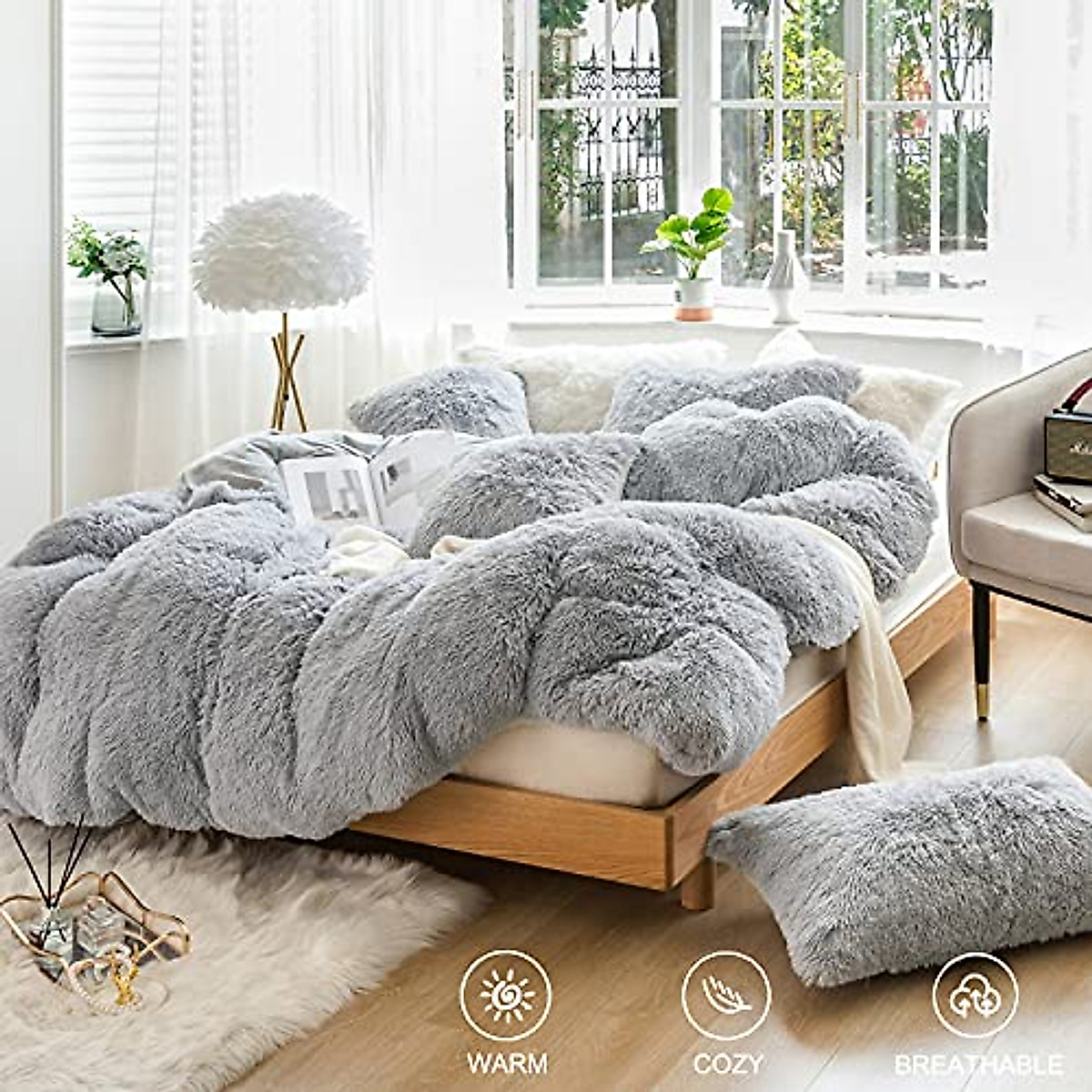 LUOYUAN Plush Shaggy Duvet Cover Set 3 Pieces Aesthetic Fluffy Comforter Cover Set Ultra Soft Crystal Velvet（1 Faux Fur Comforter Cover + 2 Faux Fur Pillowcases）,Zipper Closure(Queen，Light Grey)