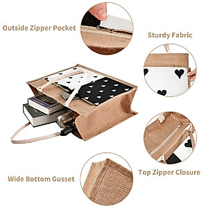 Tote Bag Love Hearts Polka Dots Striped Black White Jute Burlap Wedding Bridesmaid Gift Bag Grocery Storage Bag