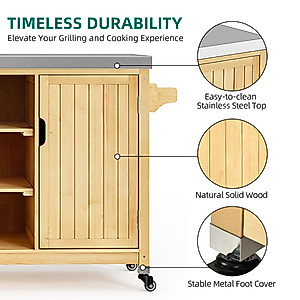 YITAHOME XL Solid Wood Outdoor Table and Storage Cabinet, 59.64’’L x 23.62’’W Movable Grill Table with Stainless Steel Top, Side Handle, Spice Rack for Outside, Patio Bar, Outdoor Kitchen Island