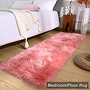 Rtizon 2 PCS Faux Fur Washable Rug, 2 x 5.9 Feet and 2 x 4 Feet Coral Fluffy Sheepskin Rug for Girls Bedroom Livingroom Floor Cushion Home Decor Bedside Carpet, Furry Chair Cover Seat Pad Mat