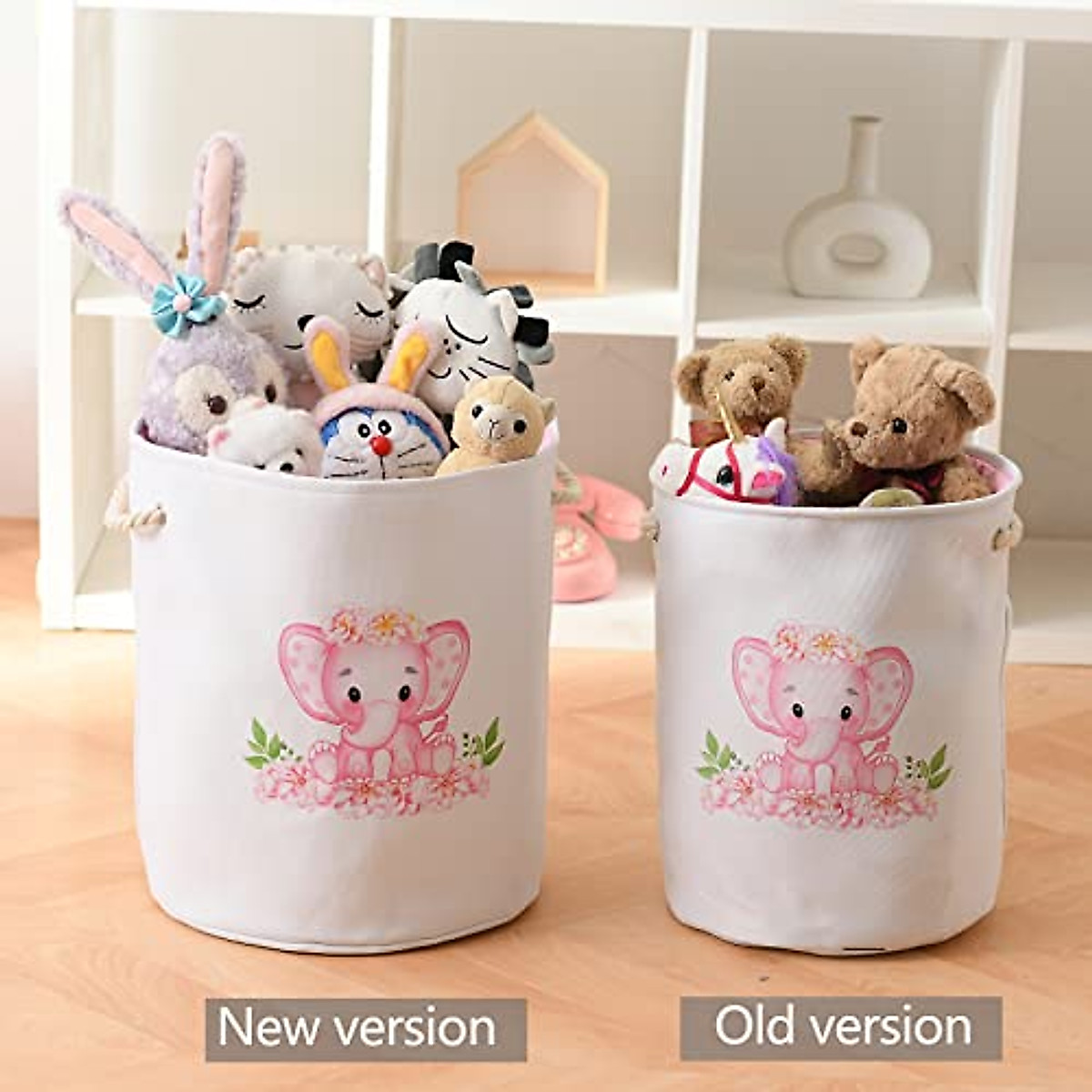 INough Extra Large Hamper for Baby Girl,Elephant Baby Hamper for Nursery, 58L Pink Laundry Basket Gift Bags for Girls Canvas Toy Storage Basket for Play Room Kids Room College Dorms Bedroom