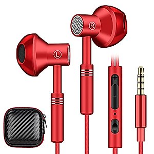 3.5mm Earphone for Samsung A13 Earbuds Headphones Hi-Res Audio Earphones Noise Isolation Deep Bass Stereo Sound Headset with Mic Volume Control for Moto G Pure,One 5G Ace,Galaxy S10+,Pixel 5a Red