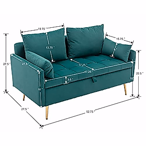 DM Furniture Mini Loveseat with Storage, Modern 53" Button Tufted Velvet Tiny Sofa Couches for Living Room/Bedroom/Office/End of Bed, Peacock Green