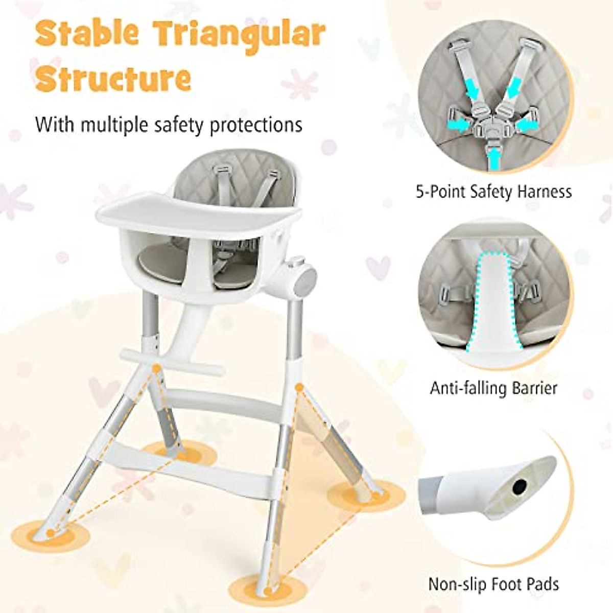 BABY JOY High Chair for Babies & Toddlers, Adjustable Convertible Baby Highchair w/ 5 Heights, Removable Dishwasher Safe Tray, Footrest, 5-Point Safety Harness & Waterproof Seat Cushion, 6-36 Months