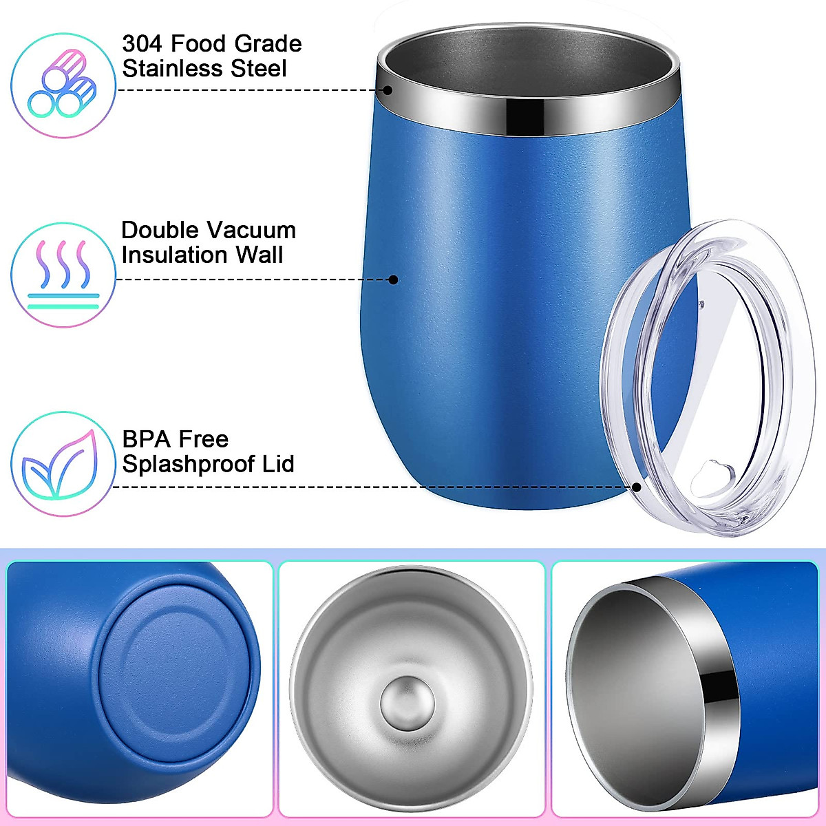 16 Packs Stainless Steel Wine Tumblers with Lids, 12 oz Insulated Wine Tumbler Stemless Double Wall Vacuum Wine Glass Coffee Tumbler Bulk Drinking Cup for Hot or Cold Drink Soda Whiskey, 16 Colors