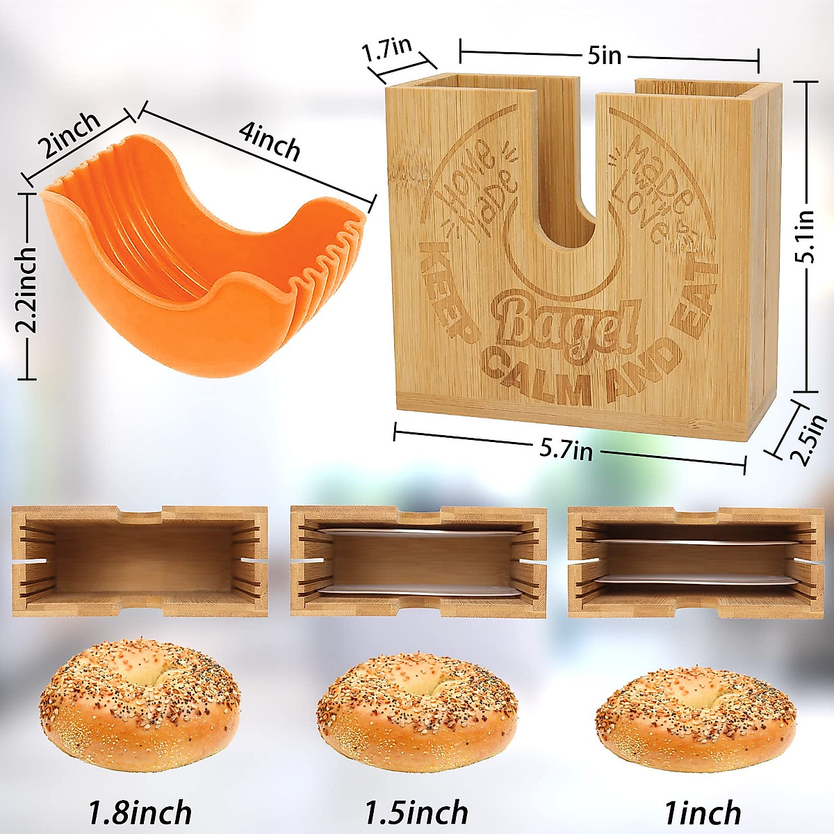 FunisFun Wood Bagel Cutter Slicer for Small and Large Bagels Adjustable Bamboo Bagel Holder with Silicon Hamburger Holder for Bread Slicing