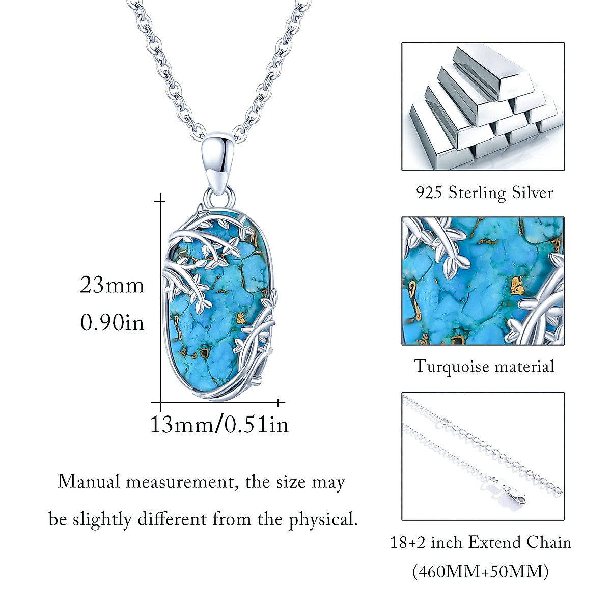 AOVEAO Oval Turquoise Life Of tree Necklace for Women S925 Sterling Silver Family Tree Necklace Lucky Turquoise Jewelry