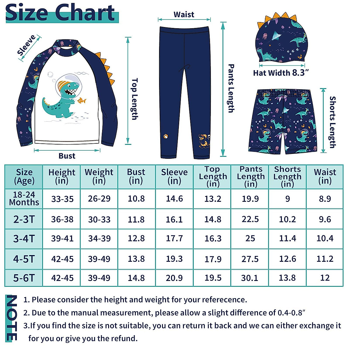 WAWSAM Toddler Dinosaur Swimsuit Kids Bathing Suit Dinosaur Boys Rash Guard with Hat Quick Dry Long Sleeve Swimwear Infant Swim Truck Rashguard Set for Swimming Beach Pool Vacation