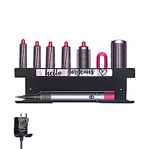 Storage Holder for Dyson Airwrap, Modern Curling Iron Accessories Rack Wall Mount, Metal Hair Wrap Styler Tools Holder with Hello Gorgeous Sign, Bathroom Organizer, Black