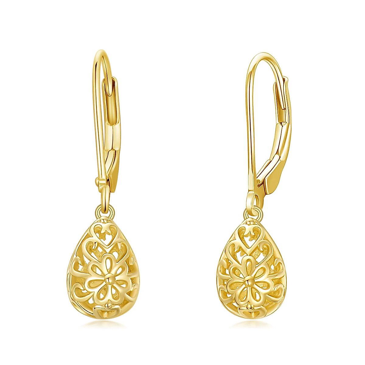 Filigree Leverback Earrings 14k Solid Gold Teardrop Earrings for Women Daisy Flower Leverback Heart Dangle Drop Earrings Jewelry Christmas Gifts for Her