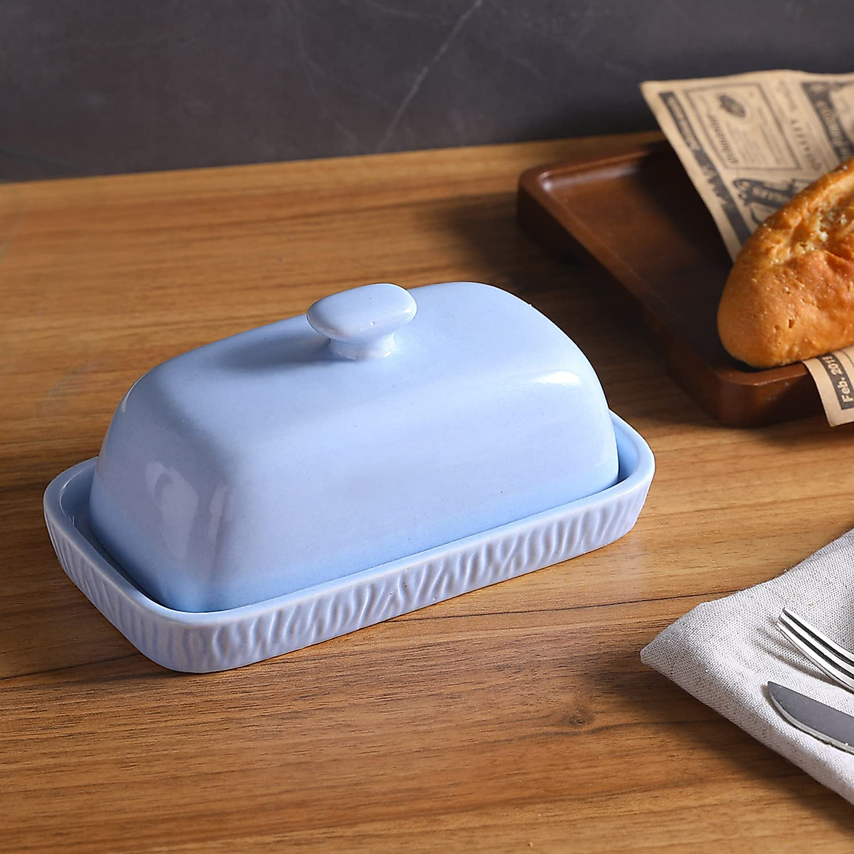 MyGift Sky Blue Ceramic Butter Dish with Lid, Butter Keeper Holder with Raised Sides and Etched Design, Rectangular East Coast Butter Stick Margarine Tray with Cover