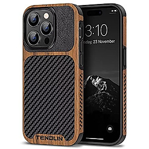 TENDLIN Compatible with iPhone 14 Pro Case Wood Grain with Carbon Fiber Texture Design Leather Hybrid Slim Case Black