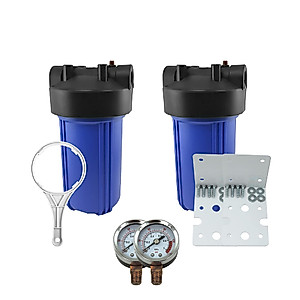 2 Pack 10" BB Blue Whole House Water System Filter Housing 1" NPT Brass Ports w/Pressure Release, 2 Pressure Gauges, Wrench and 2 Brackets