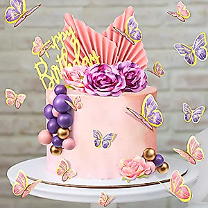 99 Pcs Purple Pink Cake Decorations Ball Butterfly Palm Leaves Flowers Happy Birthday Cake Topper Boho Cake Decorations Purple Pink Party Supplies for Wedding Baby Shower Birthday
