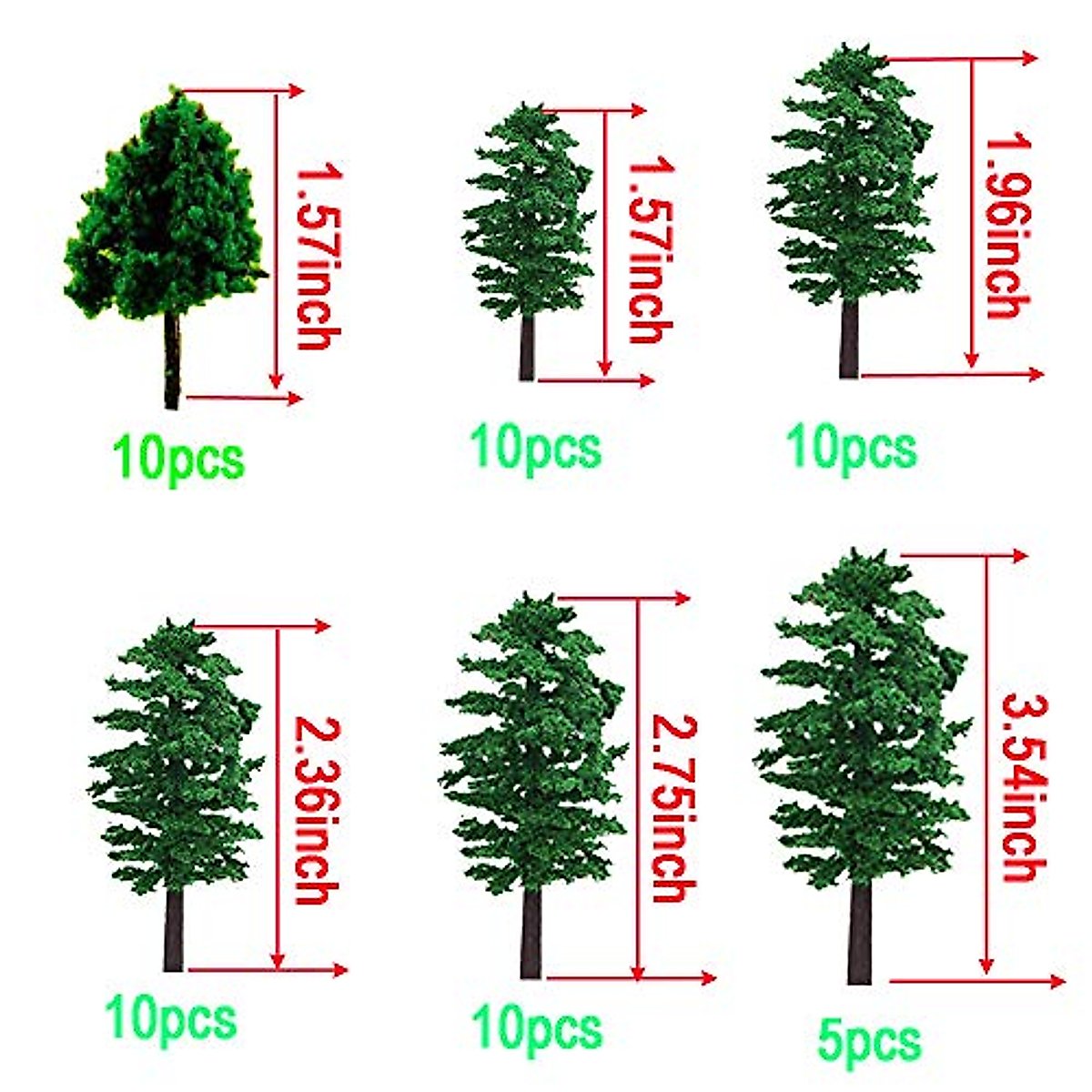 NW 55pcs Mixed Model Trees Model Train Scenery Architecture Trees Model Scenery with No Stands Street View Model Scale for Model Building Dollhouse Decoration (55pcs All Green（1.57-3.54inch）)