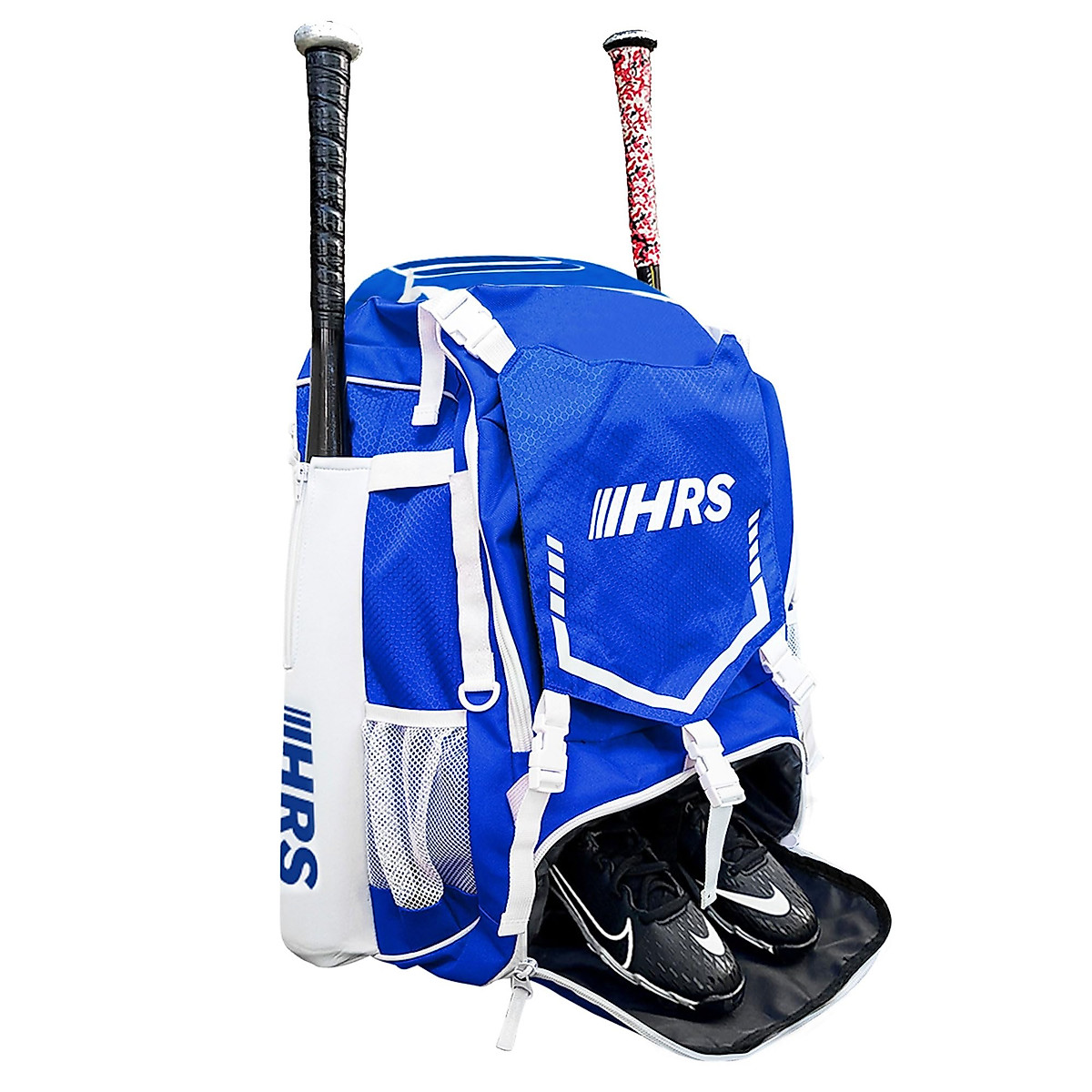 Hit Run Steal Blue Softball Baseball Bag - Holds 4 Bats, Glove, Water Bottle, Shoe Compartment, Helmet, Fence Hook for Equipment & Gear
