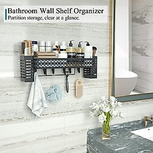 Tamomic Hanging Spice Rack Wall Mount, Over Stove Spice Organizer Shelf with Wall Hanging Utensil Holder 6 Hooks for Kitchen, Black