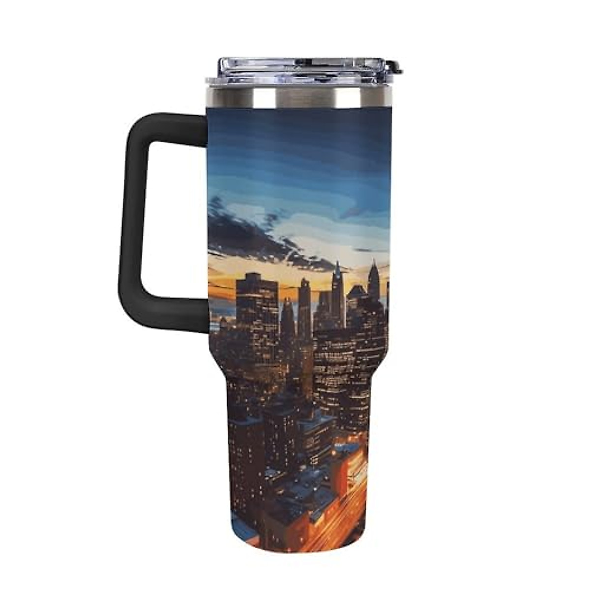 LLUTSNTH 40 Oz Vacuum Tumbler with Black Handle Leakproof Insulated Tumbler New York City Scenery Stainless Steel Travel Mug with Lid And Straw Coffee Cup Cute Water Bottles Cup Holder Friendly