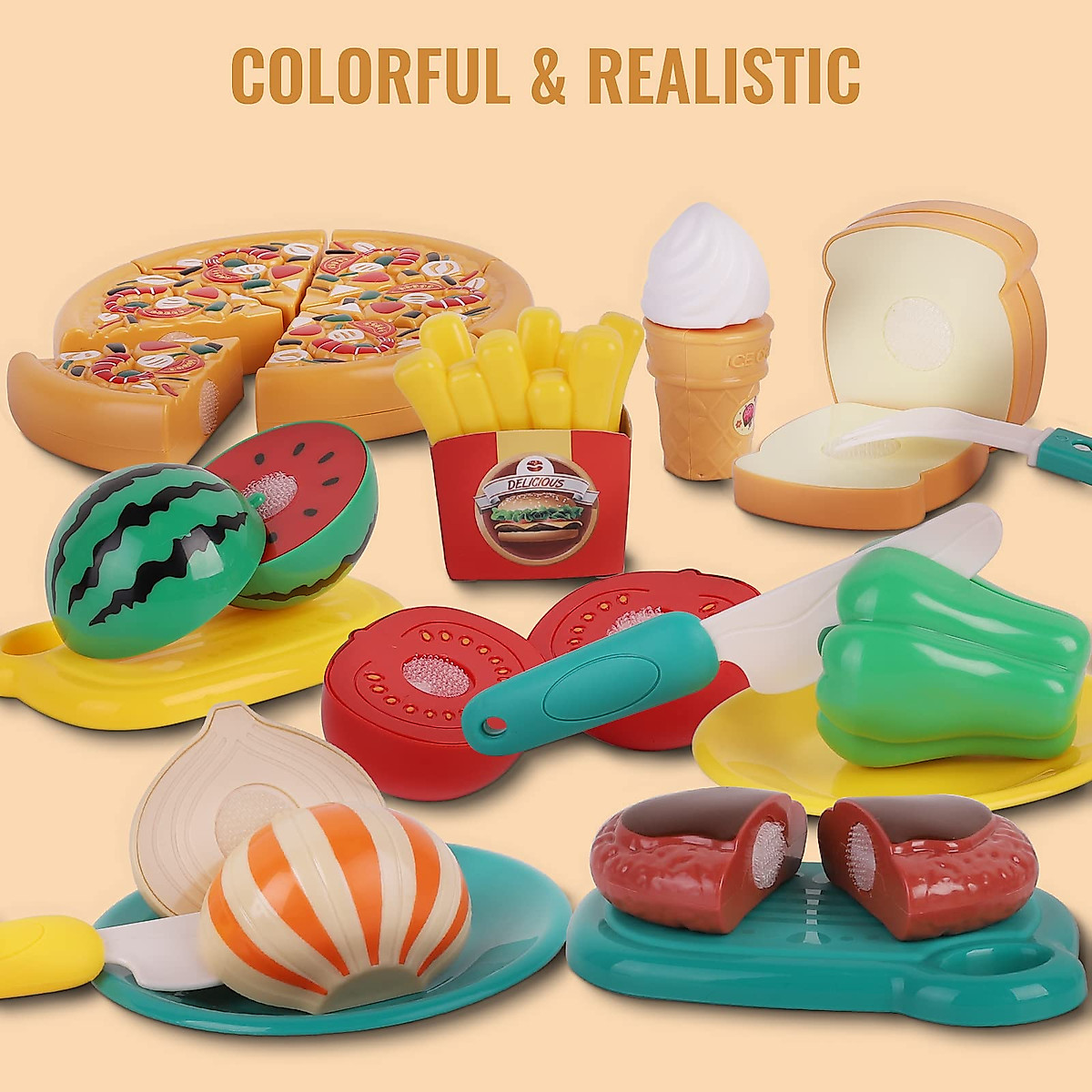 Elitoky 49PCS Cutting Play Food Toy for Kids Kitchen, Pretend Fruit & Vegetables Accessories with Shopping Storage Basket, Plastic Food Dishes Toy, Best Educational Gift for Toddlers Boys Girls