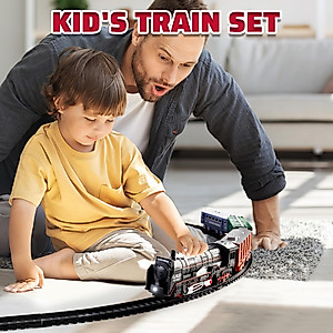 deAO Christmas Train Set Toys for Kids, Toy Train Track Locomotive Engine Battery Powered Railway Kits with Road Signs and Tracks Birthday Gifts for Age 3 4 5 6 7