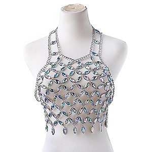 Aiosy Sparkly Rhinestone Body Chain Bra Silver Women Crystal Backless Chest Chains Bikini Halter Mesh Tops Layered Rave Outfits Jewelry Sexy Harness Body Accessories for Nightclub Festival Party Beach