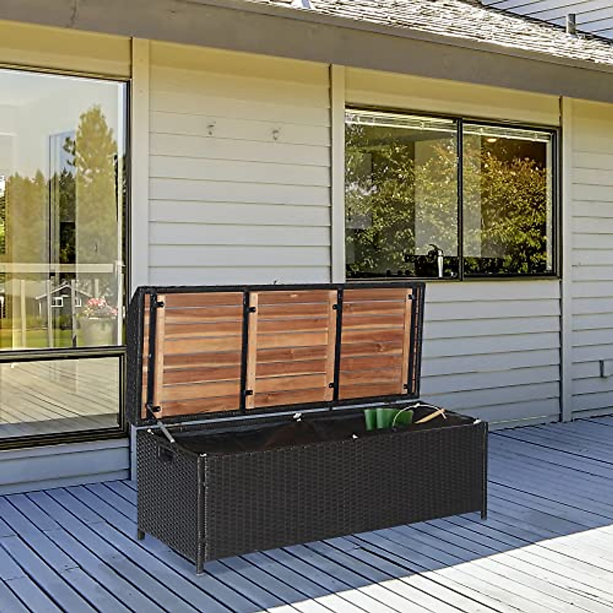 Outsunny Patio Wicker Storage Bench, Outdoor PE Rattan Patio Furniture, Air Strut Assisted Easy Open, 2-in-1 Large Capacity Rectangle Basket Box with Handles & Wooden Seat, Black