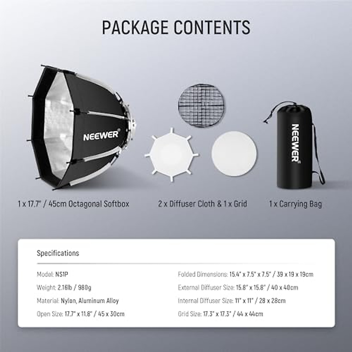NEEWER 17.7"/45cm Octagonal Softbox Bowens Mount, Quick Folding Quick Set Up with Diffusers/Honeycomb Grid/Bag for Q4 RGB CB60 MS60B MS60C MS150B Compatible with Godox Aputure Video Studio Light, NS1P