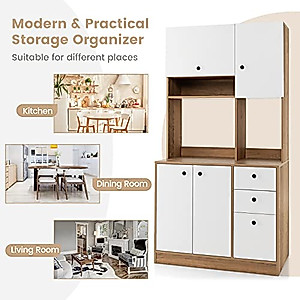 Giantex Kitchen Pantry, Buffet Hutch with 3 Storage Cabinet, 71'' Floor Large Cupboard with 3 Deep Drawers, Wide Countertop, Adjustable Shelves, Tall Sideboard (White & Natural)