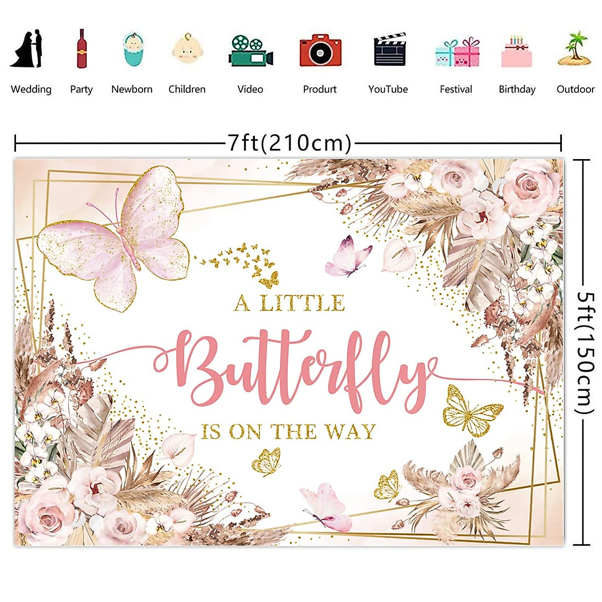 Wollmix Butterfly Baby Shower Decoration for Girl Backdrop 7x5ft A Little Butterfly is on The Way Boho Pink Florals Flowers Photography Background Gold Dost Princess Banner Photo Booth Supplies Props