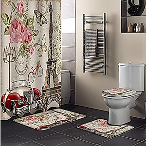 4 Piece Shower Curtain Sets Vintage Eiffel Tower Paris Truck Flower Butterfly Bicycle Postcard Non-Slip Rug, Toilet Lid Cover, Bath Mat Waterproof Shower Curtain Bathroom Sets with 12 Hooks Bath Decor