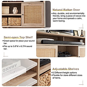 OKD TV Stand for 65+ Inch TV, 32'' Tall Highboy Entertainment Center, Mid Century Modern Media TV Console with Natural Rattan Door, Adjustable Shelves, Boho Television Stand, Oak