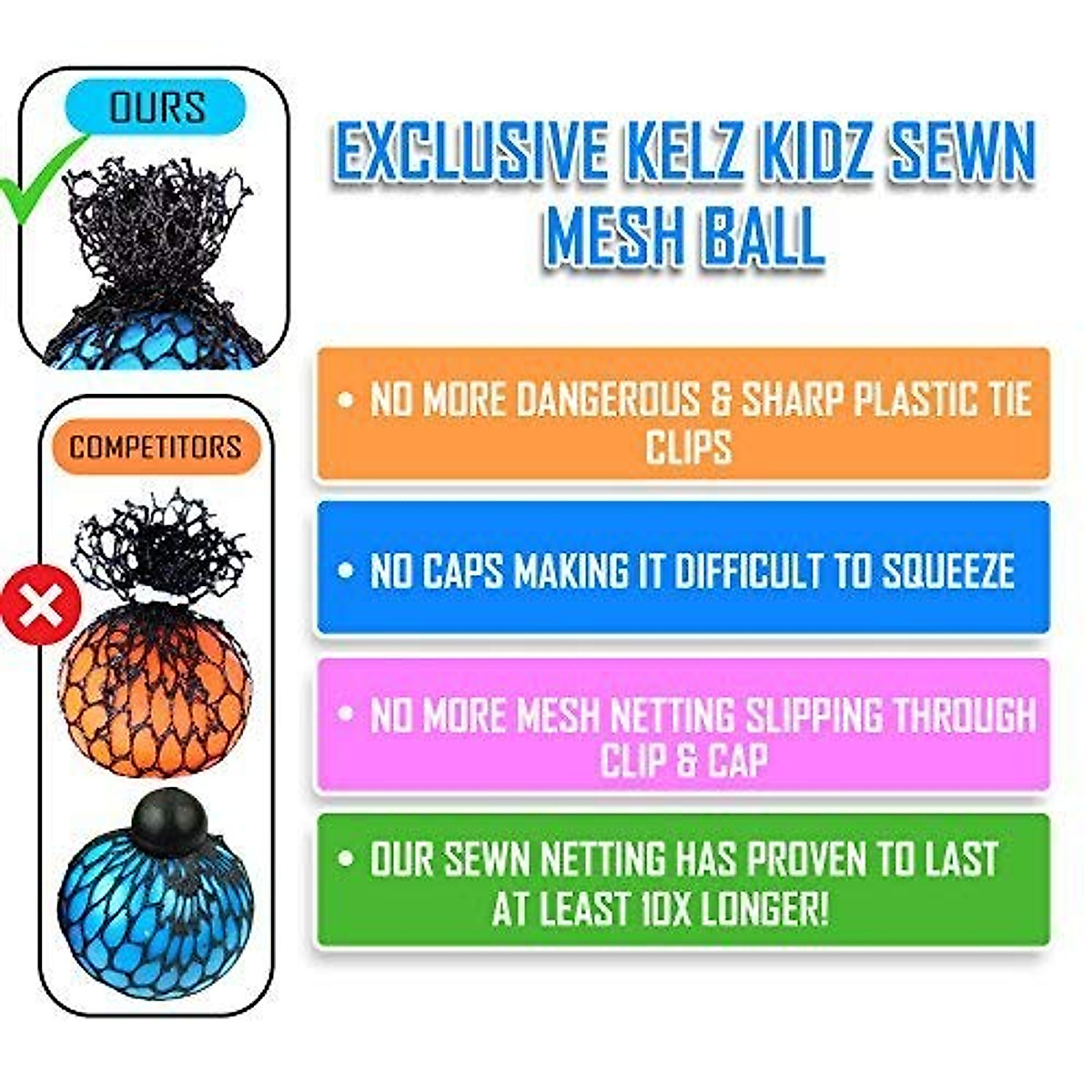 KELZ KIDZ Durable Mesh Squishy Balls Fidget Toy with Exclusive Sewn Mesh! (4 Pack Gift Pack!)