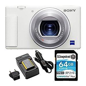 Sony ZV-1 Camera for Content Creators and Vloggers (White) Bundle with NP-BX1 Battery with Charger and 64GB Canvas Go Plus 170MB/s SD Card (3 Items)