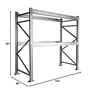 Shelving Inc. 48"d x 144"w x 96"h - 2-Tier Galvanized Teardrop Pallet Rack Starter Unit, No Decking, 6-1/2"h Beams, Weight Capacity 7160lbs Per Level