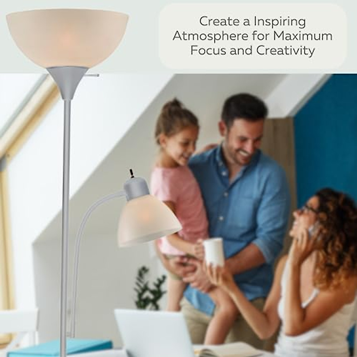 Adjustable Silver Floor Lamp with Reading Light By Light Accents - Susan Modern Standing Lamp For Living Room/Office Lamp 72" Tall - 150-watt With Side Reading Light Corner Lamp (Silver)