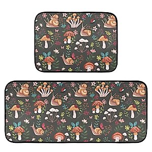 Mushroom with Snails Kitchen Mat Set of 2 Anti Fatigue Mat, Non Slip Cushioned Mat Runner Rug Doormat for Kitchen, Sink, Laundry, Bathroom, Home Decor