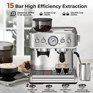 Havato Espresso Machine, 15 Bar Semi-Automatic Espresso Machine with Grinder & Milk Frother Steam Wand, 1350W Home Cappuccino Latte Machine with Removable 75 Oz Water Tank, Stainless Steel