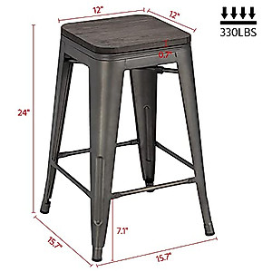 Yaheetech 24 inches Metal Bar Stools Counter Stool Indoor/Outdoor Stackable Barstools Counter Wood Top/Seat Bar Stools Set of 4, Gunmetal