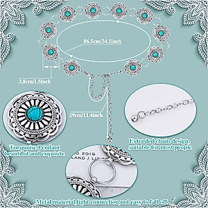 Kigeli 2 Pcs Women Western Belt Flower Turquoise Chain Belt Adjustable Waist Belts Turquoise Belt Silver Metal Western Belts(Novelty Style)