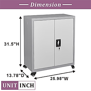 LUCYPAL Garage Storage Cabinet with Lockable Doors, Metal Storage Cabinet with Adjustable Shelf, Tool Cabinet with Wheels for Garage Office Home, Kitchen,Living Room,Grey