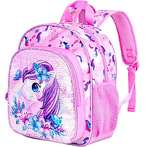 KLFVB Toddler Backpack for Girls,Cute Unicorn Bookbag for Little Kids,12” Sequin Kindergarten Preschool Schoolbag