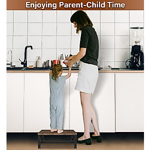 Tigerden Wooden Step Stool for Toddlers Kids and Adults, Heavy Duty Stepping Stools with 300 LB Load Capacity, Foot Step Stool for Bed, Bedroom, Living Room, Bathroom, Kitchen- Rustic Brown & Black