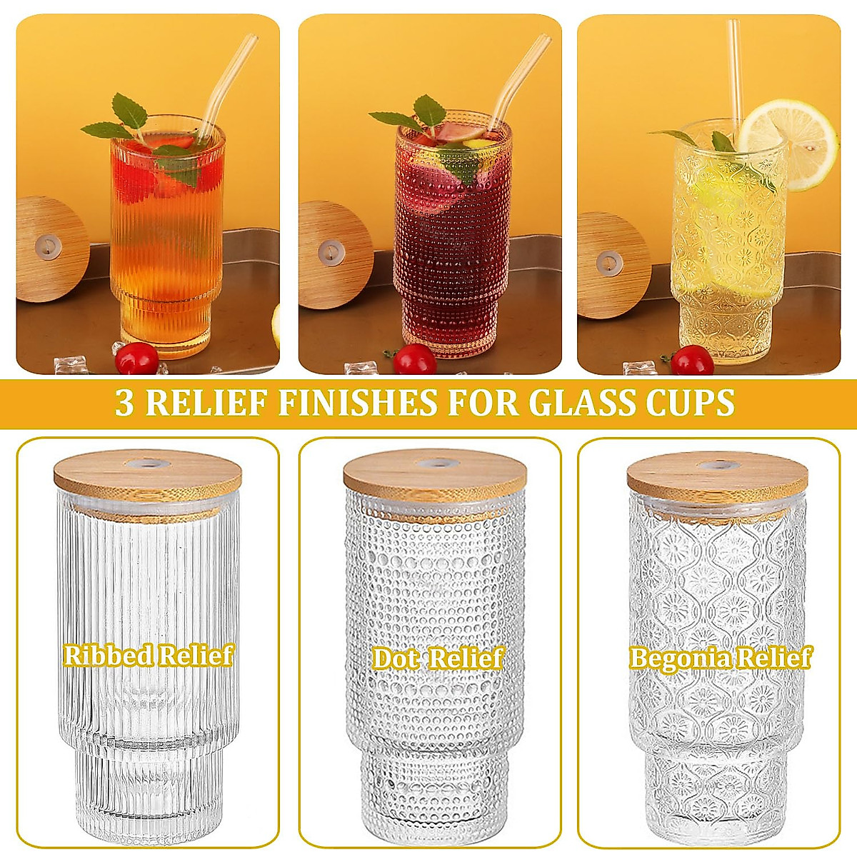 SogYupk Glass Cups Set with Straw/Bamboo Lid,12 oz Stackable Serving Drinking Glasses, Ideal for Whiskey/Cocktails/Juice/Coffee/Beer, Dishwasher Safe,3 Patterns of Vintage Glassware Sets.(6 Pcs)