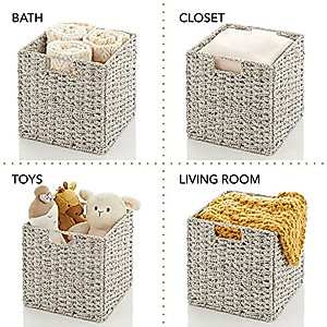 mDesign Seagrass Woven Cube Storage Bin Basket Organizer with Handles for Kitchen Pantry, Cabinet, Cupboard - Shelf and Cubby Organization, Holds Food, Drinks, Snacks, Appliances - 2 Pack - White Wash