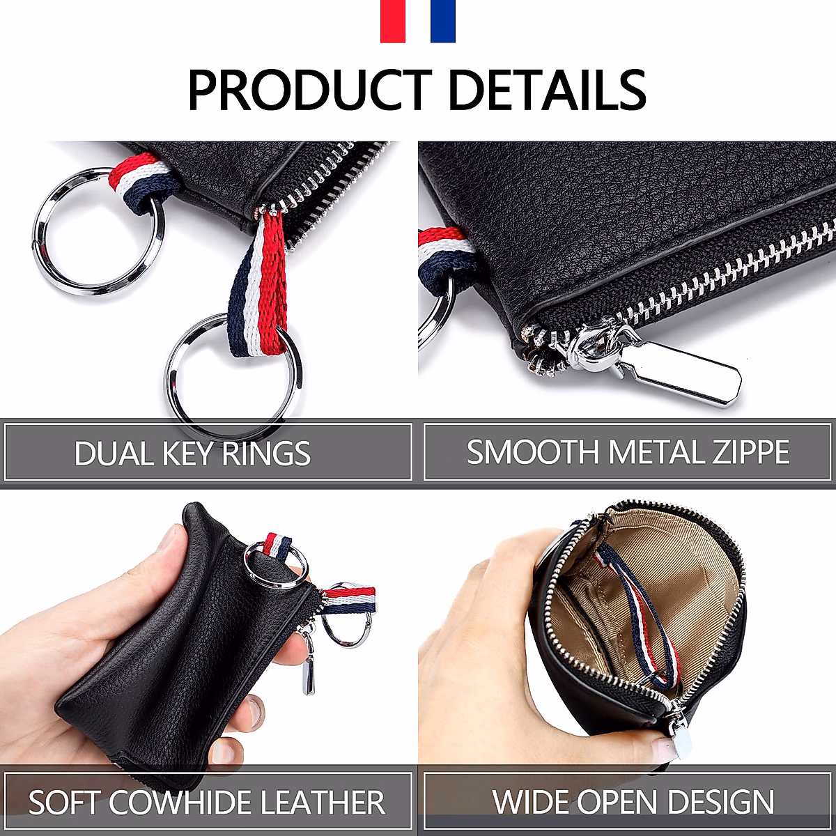 imeetu Leather Coin Purse Wallet, Mini Dual Keyrings Change Pouch Card Holder for Men Women (Black, standard)
