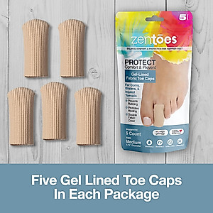 ZenToes 5 Pack Toe Caps Closed Toe Fabric Sleeve Protectors with Gel Lining, Prevent Corn, Callus, Blister Development Between Toes, Soften and Soothe The Skin (Size Medium)