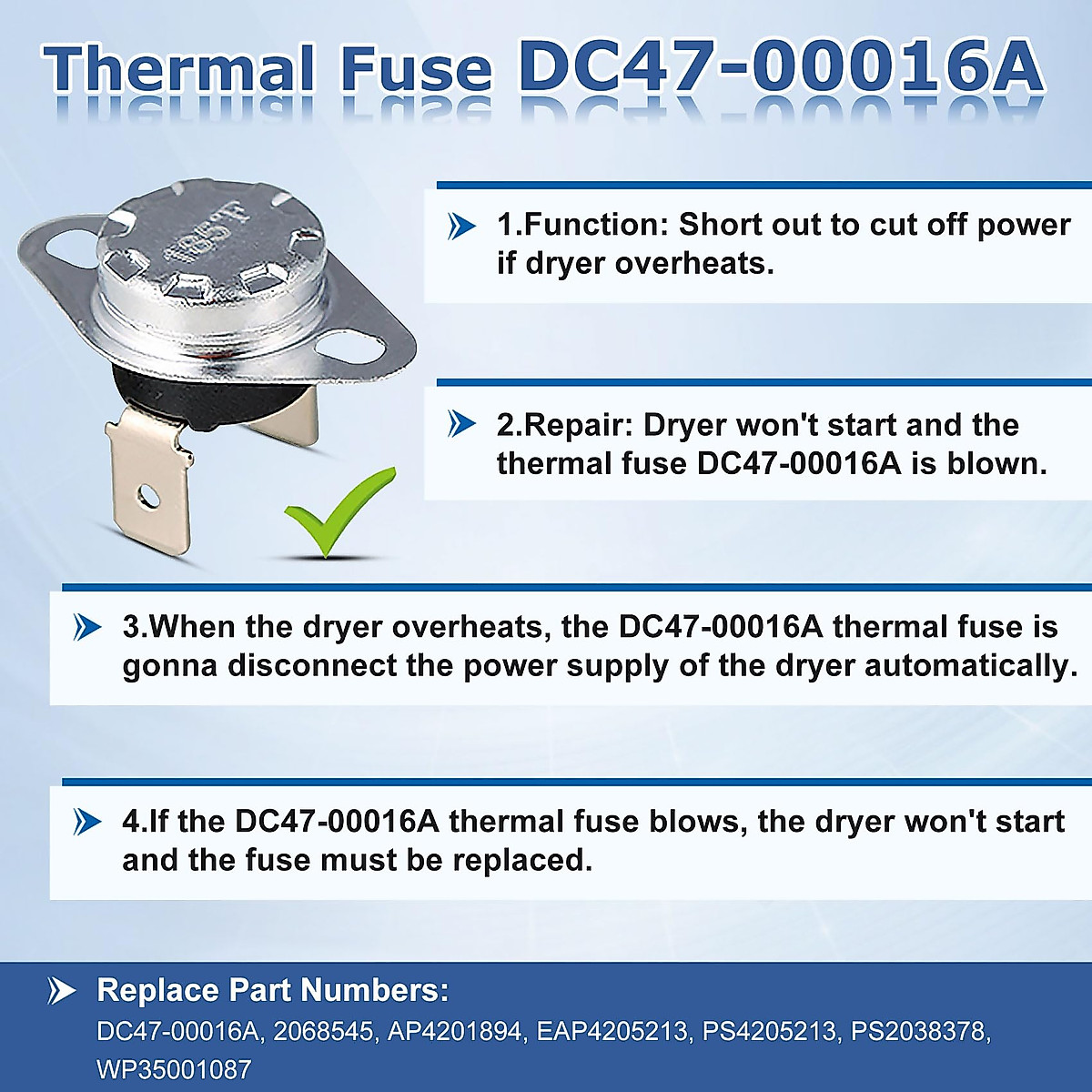 DC47-00016A Thermal Fuse & DC96-00887A Thermal Fuse & DC32-00007A Dryer Thermistor & DC47-00018A Thermostat Dryer Kit Replacement Part-Compatible with samsung lg & kenmore Dryers